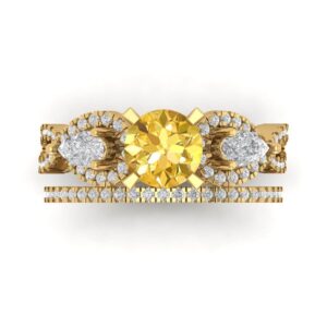 clara pucci 2.1ct round cut solitaire 3 stone real yellow citrine designer art deco statement wedding ring band set 18k yellow gold 10.75