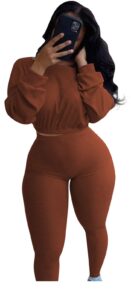 women fall ribbed 2 piece outfits tracksuit long sleeve pullover crop tops bodycon long pants jumpsuit set sweatsuits coffee