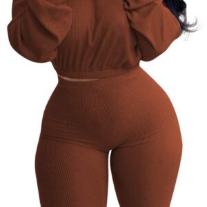 Women Fall Ribbed 2 Piece Outfits Tracksuit Long Sleeve Pullover Crop Tops Bodycon Long Pants Jumpsuit Set Sweatsuits Coffee