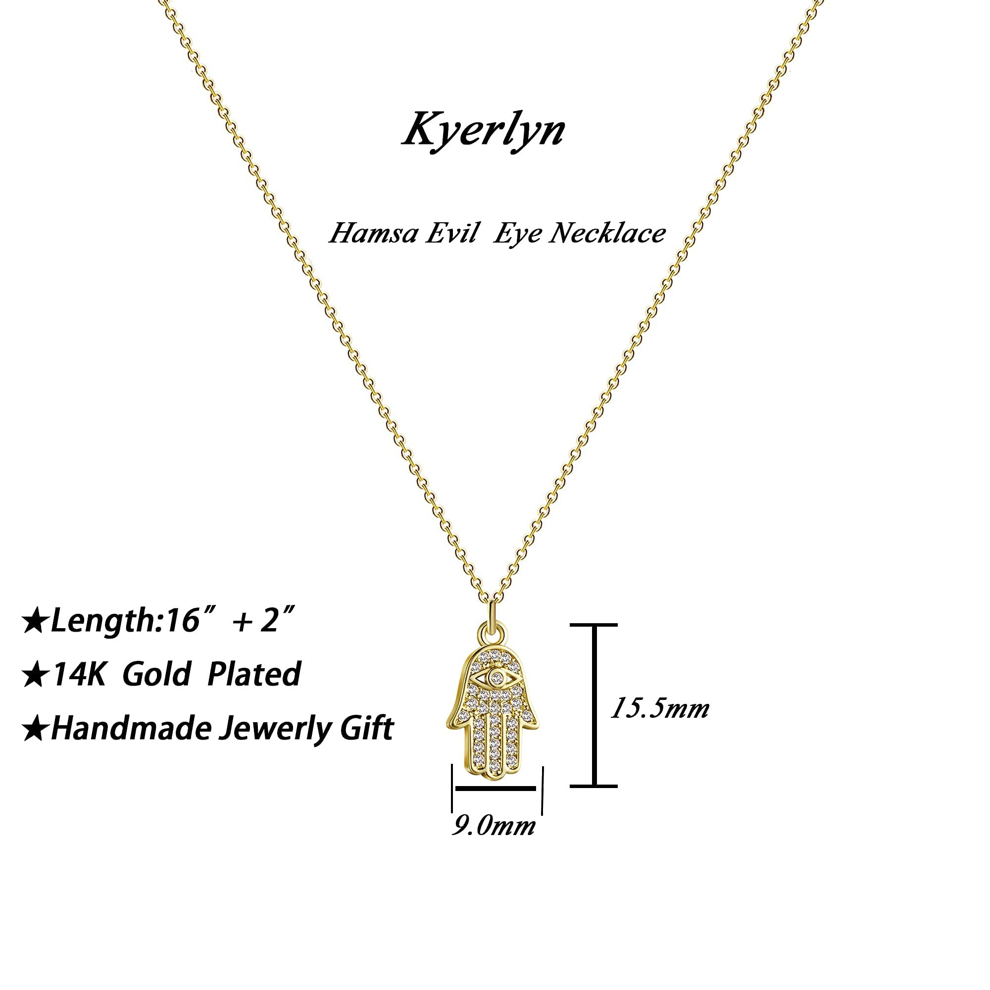 Kyerlyn 14K Gold Plated Hamsa Hand Pendant Necklace Dainty Cubic Zirconia CZ Hamsa Necklace for Women Everyday Charm Necklace