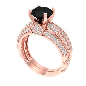 2.20 ct Round Cut Solitaire Genuine Natural Black Onyx Art Deco Statement Wedding Ring Band set 18K Rose Solid Gold 9.25