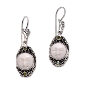 novica artisan handmade peridot dangle earrings face motif from bali sterling silver bone indonesia birthstone gemstone [2.1 in h x 0.7 in w x 0.4 in d] ' face of the soul'