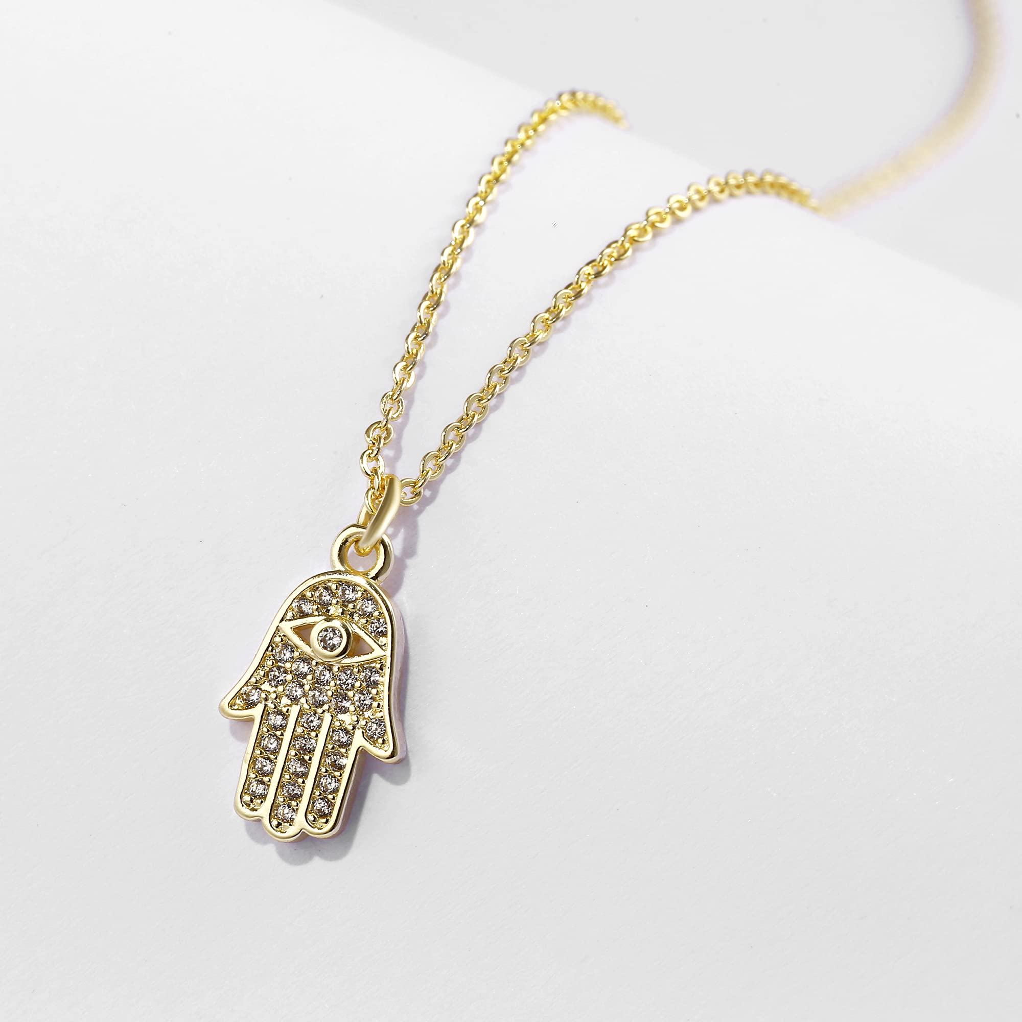 Kyerlyn 14K Gold Plated Hamsa Hand Pendant Necklace Dainty Cubic Zirconia CZ Hamsa Necklace for Women Everyday Charm Necklace