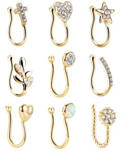 masedy 9pcs fake nose rings hoop clip on faux setump cartilage tragus ring non piercing jewelry g