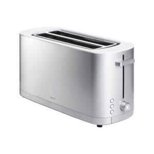 zwilling enfinigy 2 long slot toaster, 4 slices with extra wide 1.5" slots for bagels, 7 toast settings, even toasting, reheat, cancel, defrost, silver