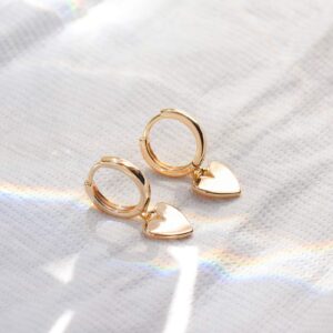 14K Gold Plated Dainty Dangle Hoop Earrings for Women Heart Pendant Huggie Earrings