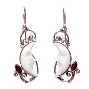 novica artisan handmade garnet dangle earrings bone crescent moon from bali sterling silver indonesia sun [1.6 in l x 0.6 in w x 0.2 in d] ' glittering crescents'