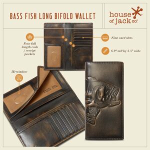 House of Jack Co. BASS FISH Long Wallet For Men | Full Grain Leather with Hand Burnished Finish | Long Bifold Wallet | Rodeo Wallet | Bass Fisherman Gift