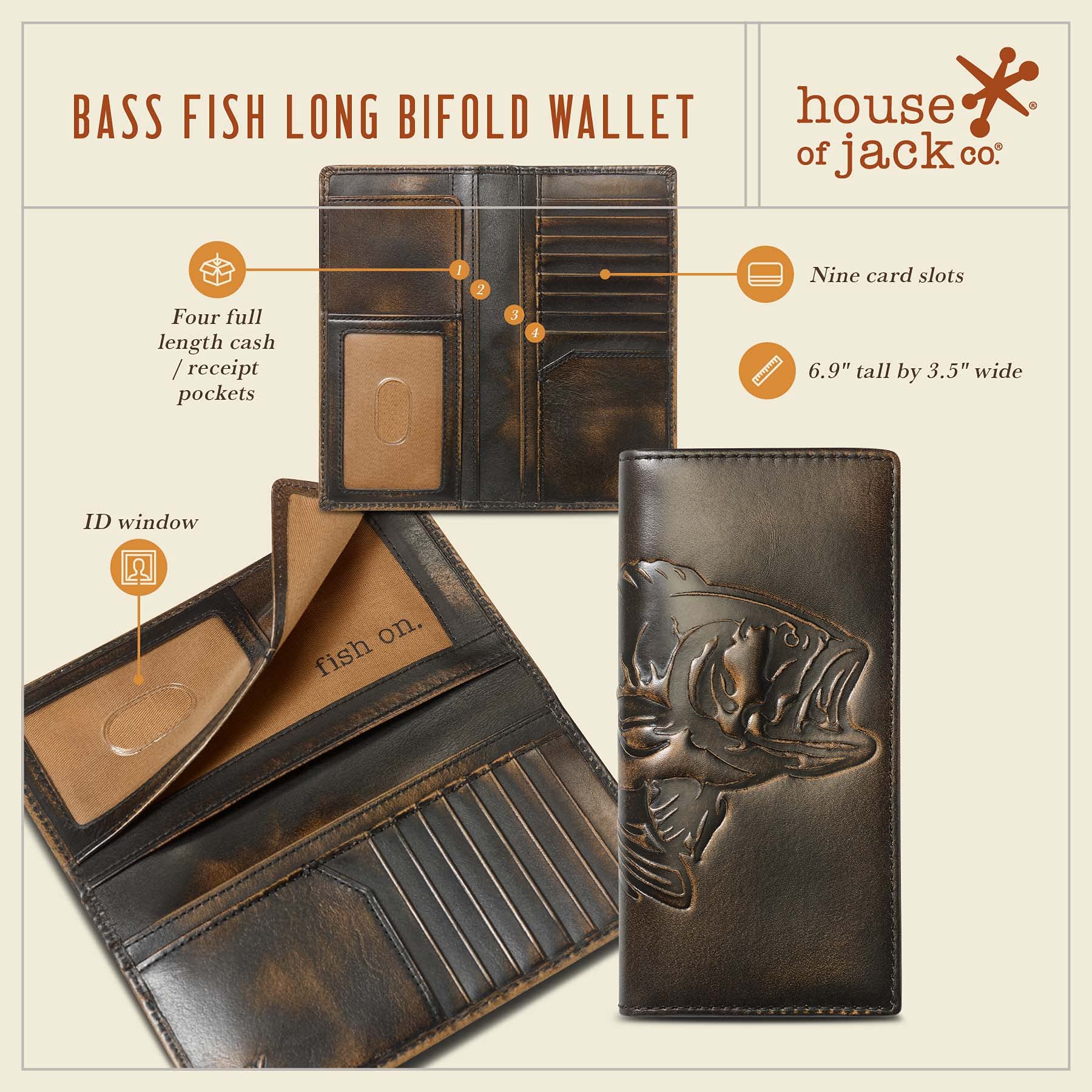 House of Jack Co. BASS FISH Long Wallet For Men | Full Grain Leather with Hand Burnished Finish | Long Bifold Wallet | Rodeo Wallet | Bass Fisherman Gift