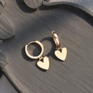 14K Gold Plated Dainty Dangle Hoop Earrings for Women Heart Pendant Huggie Earrings