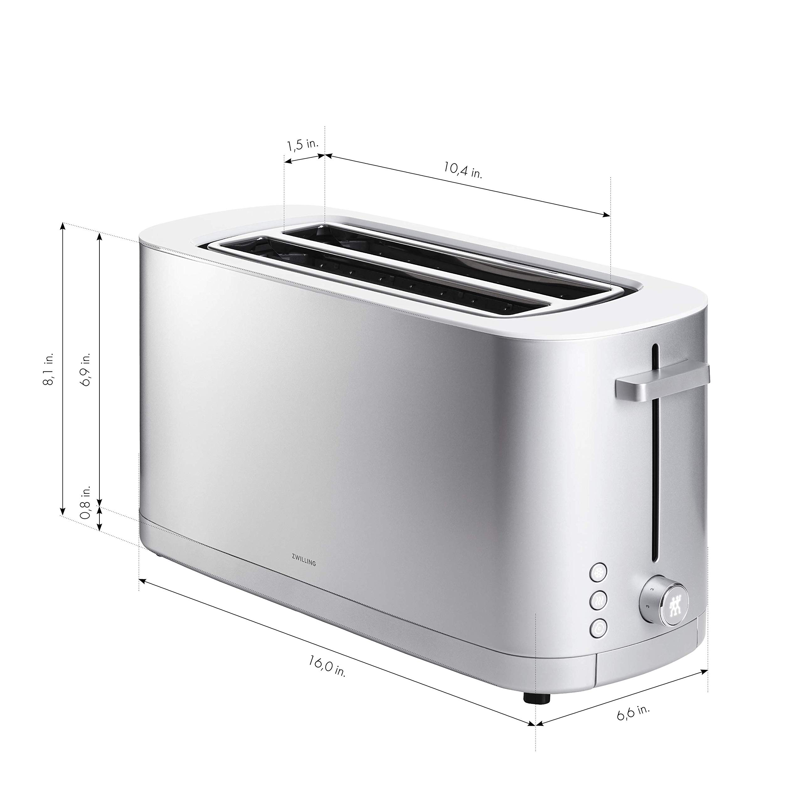 ZWILLING Enfinigy 2 Long Slot Toaster, 4 Slices with Extra Wide 1.5" Slots for Bagels, 7 Toast Settings, Even Toasting, Reheat, Cancel, Defrost, Silver