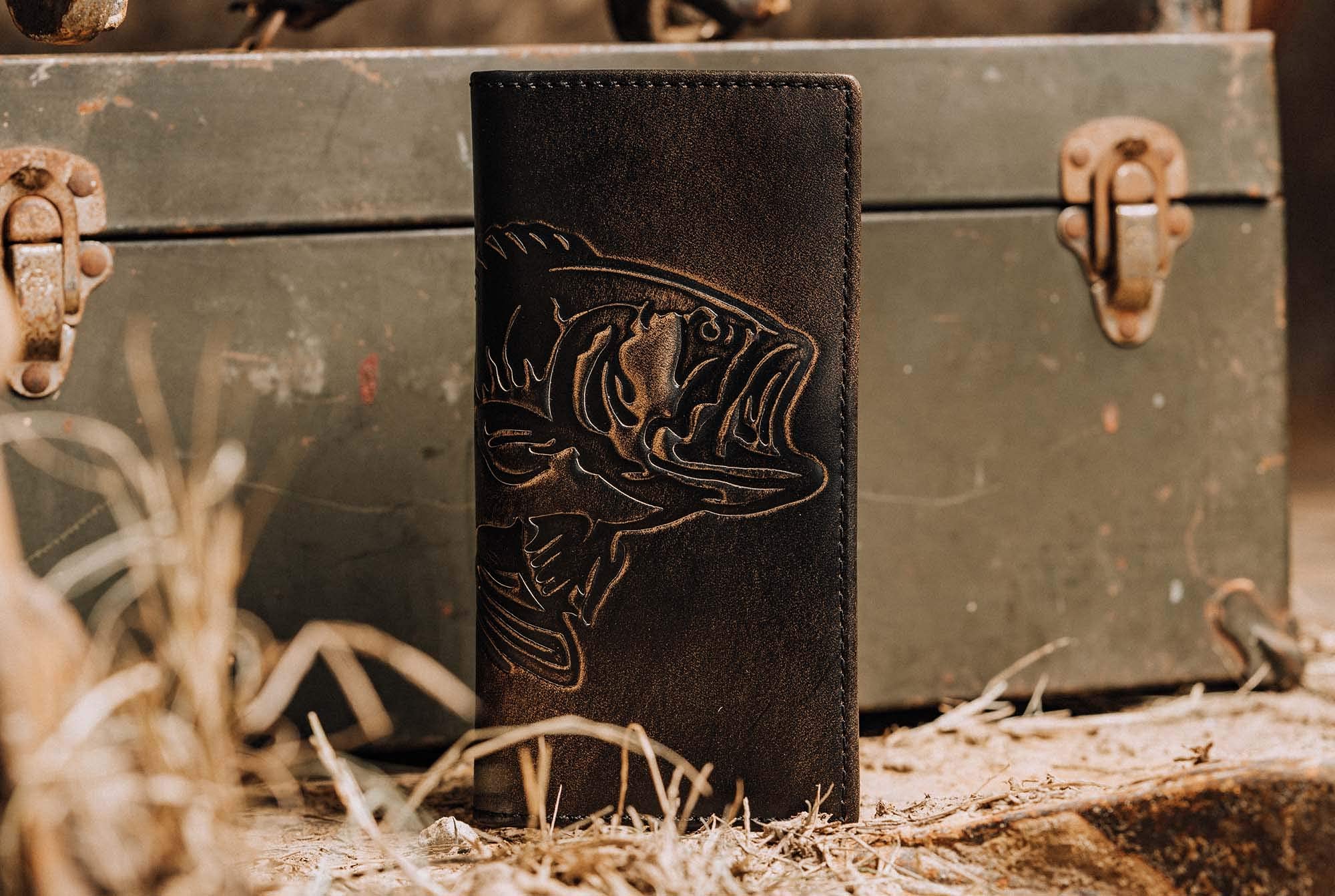 House of Jack Co. BASS FISH Long Wallet For Men | Full Grain Leather with Hand Burnished Finish | Long Bifold Wallet | Rodeo Wallet | Bass Fisherman Gift