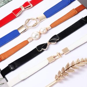 6 Pieces Women Skinny Waist Belts Stretch Waist Buckle Belts Thin Elastic Waist Cinch Belts Retro Faux Leather Waist Band with Metal Buckle for Women Girls