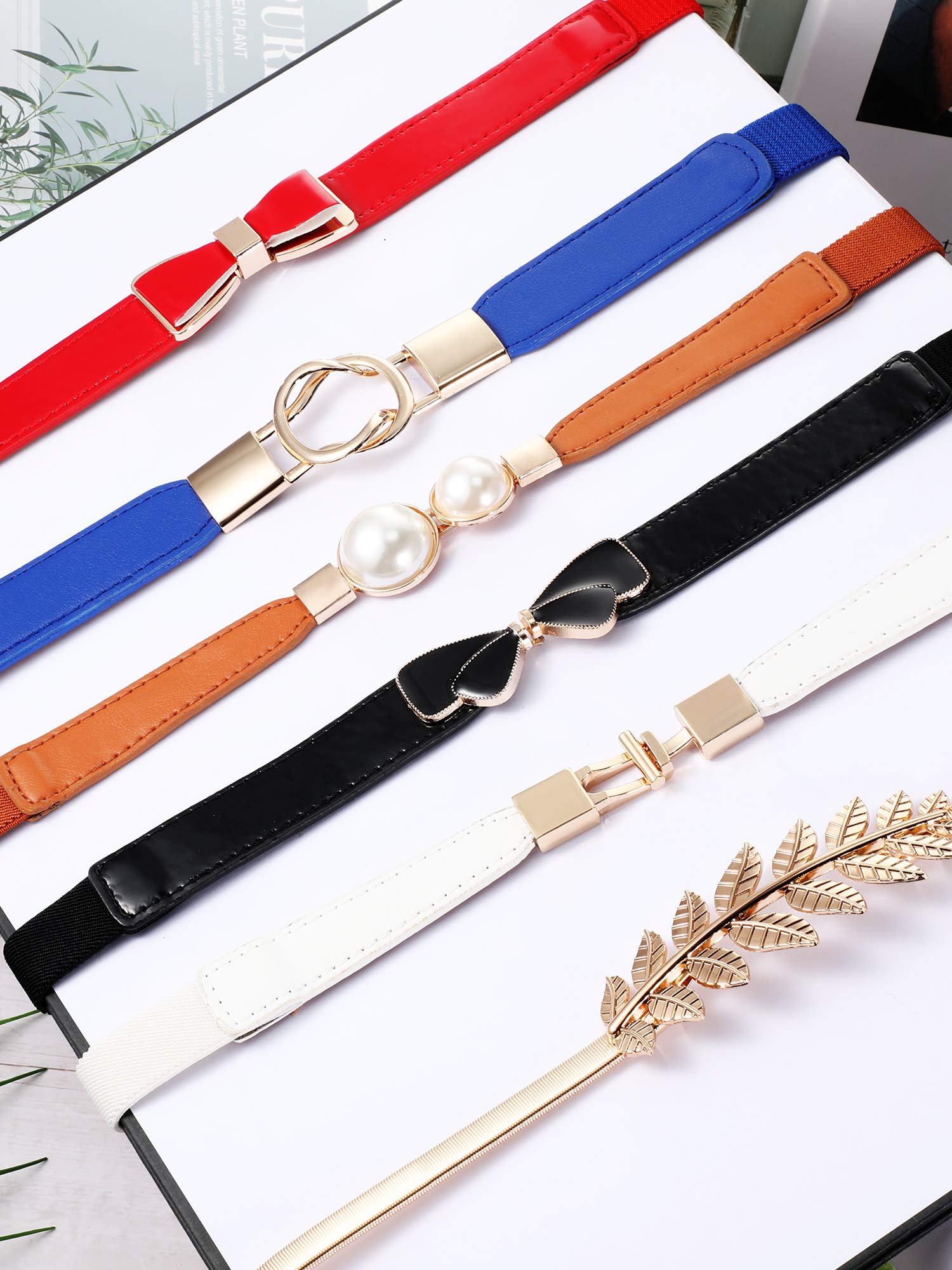 6 Pieces Women Skinny Waist Belts Stretch Waist Buckle Belts Thin Elastic Waist Cinch Belts Retro Faux Leather Waist Band with Metal Buckle for Women Girls