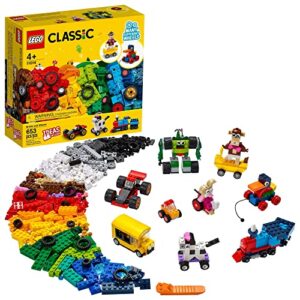 lego classic bricks and wheels 11014 building kit, includes a toy car, train, bus, robot, skateboarding zebra, race car, bunny in a wheelchair, pull-along duck and a monkey on a banana skateboard