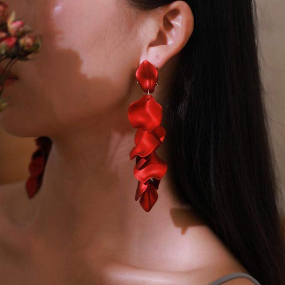 YERTTER Christmas Long Acrylic Dangle Rose Petal Drop Dangle Earrings Bohemian Resin Flower Statement Earrings for Women (Red)