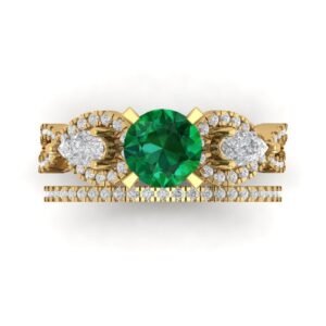 clara pucci 2.1 ct round cut solitaire 3 stone simulated emerald designer art deco statement wedding ring band set 18k yellow gold 7