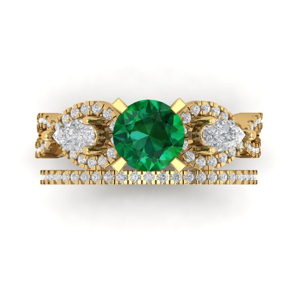 Clara Pucci 2.1 ct Round Cut Solitaire 3 stone Simulated Emerald Designer Art Deco Statement Wedding Ring Band Set 18K Yellow Gold 7