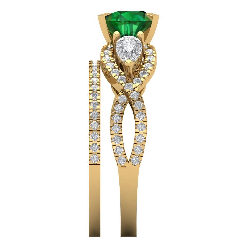 Clara Pucci 2.1 ct Round Cut Solitaire 3 stone Simulated Emerald Designer Art Deco Statement Wedding Ring Band Set 18K Yellow Gold 7