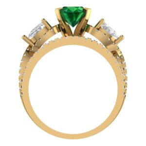 Clara Pucci 2.1 ct Round Cut Solitaire 3 stone Simulated Emerald Designer Art Deco Statement Wedding Ring Band Set 18K Yellow Gold 7