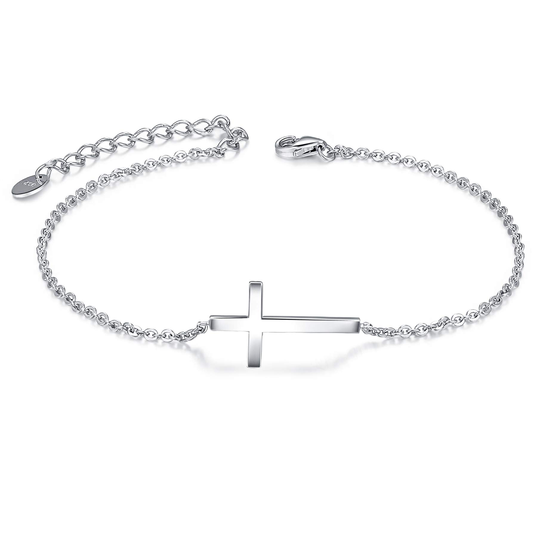 CHIC & ARTSY Cross Bracelet 925 Sterling Silver Sideways Cross Christian Bracelets for Women Faith Catholic Bracelet Religious Bracelets Adjustable