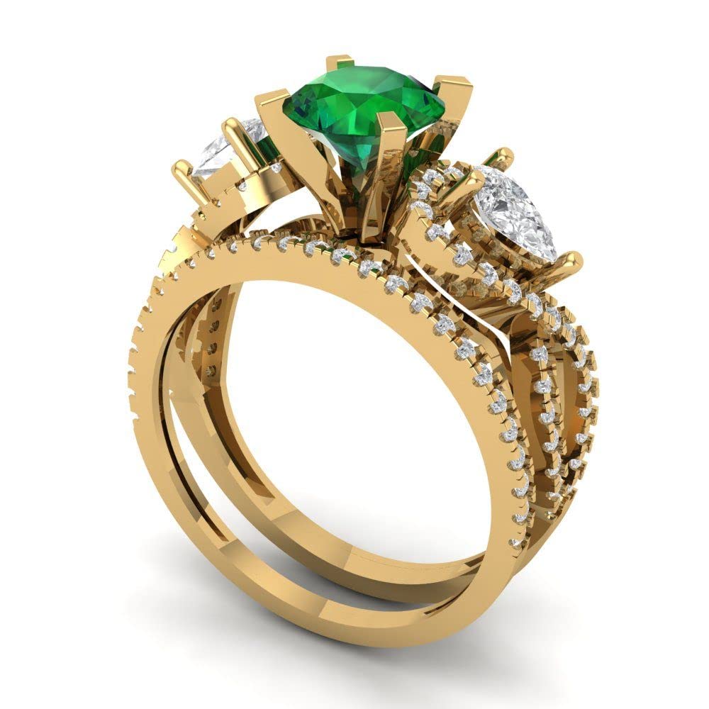 Clara Pucci 2.1 ct Round Cut Solitaire 3 stone Simulated Emerald Designer Art Deco Statement Wedding Ring Band Set 18K Yellow Gold 7