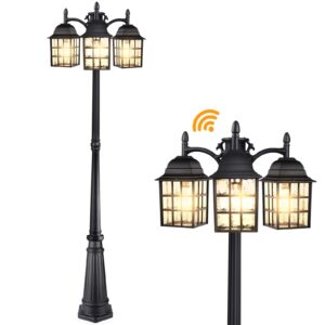 3-head outdoor lamp post light fixture, dusk to dawn aluminum post lights hard wired, sensor pole lights for yard, street light posts for outside with water ripple glass shade, e26 base