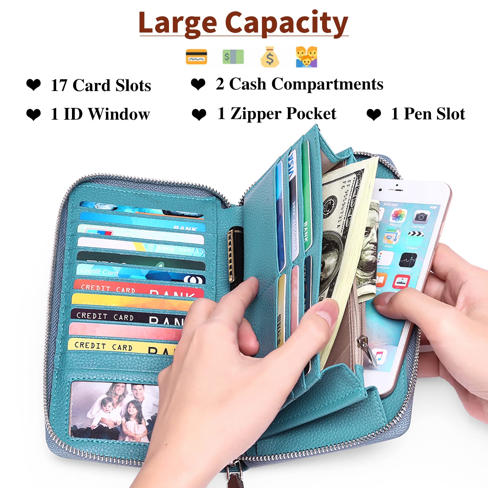 SENDEFN Leather Women's Wallets RFID Blocking Zip Around Large Capacity Long Credit Card Holder Wallet