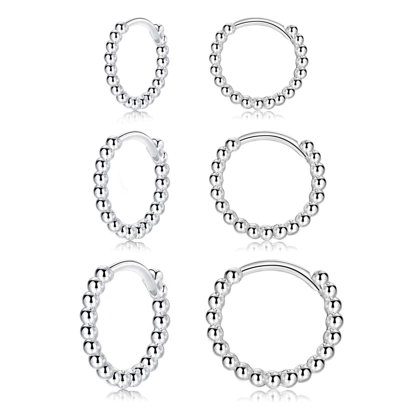 CERSLIMO Silver Hoop Earrings for Women| 3 Pairs Small Sterling Silver Post Beaded Huggie Earrings| Hypoallergenic Tiny Cartilage Sleeper Cuff Jewelry for Men Ladies, 8mm 10mm 12mm