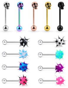 prjndjw 14g tongue rings 13pcs surgical steel tongue rings skull tongue rings koosh spiky tongue rings silicone soft spike ball tongue piercing jewelry women men