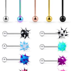 Prjndjw 14G Tongue Rings 13Pcs Surgical Steel Tongue Rings Skull Tongue Rings Koosh Spiky Tongue Rings Silicone Soft Spike Ball Tongue Piercing Jewelry Women Men