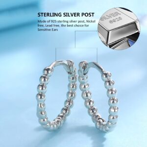 CERSLIMO Silver Hoop Earrings for Women| 3 Pairs Small Sterling Silver Post Beaded Huggie Earrings| Hypoallergenic Tiny Cartilage Sleeper Cuff Jewelry for Men Ladies, 8mm 10mm 12mm