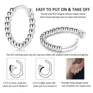 CERSLIMO Silver Hoop Earrings for Women| 3 Pairs Small Sterling Silver Post Beaded Huggie Earrings| Hypoallergenic Tiny Cartilage Sleeper Cuff Jewelry for Men Ladies, 8mm 10mm 12mm