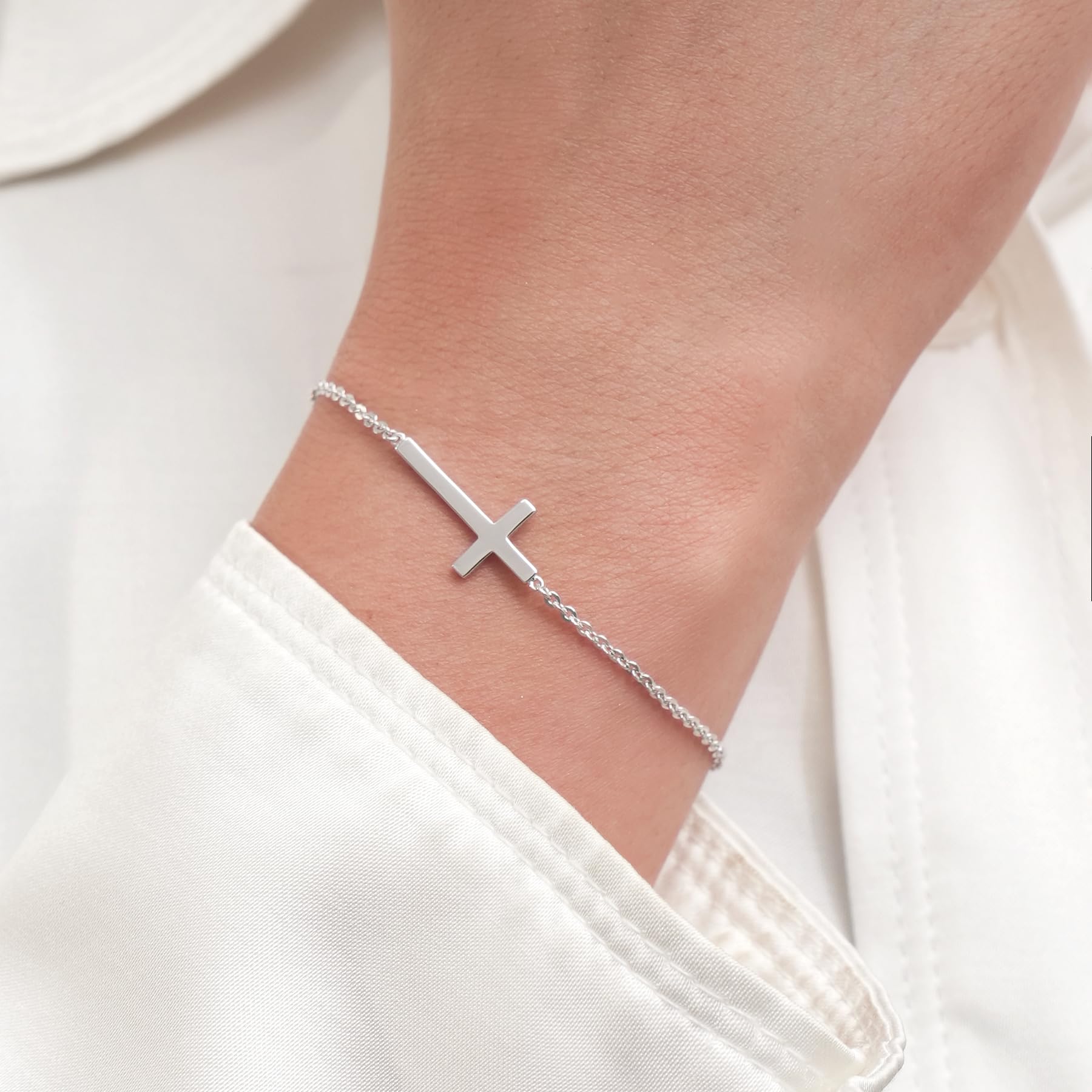 CHIC & ARTSY Cross Bracelet 925 Sterling Silver Sideways Cross Christian Bracelets for Women Faith Catholic Bracelet Religious Bracelets Adjustable