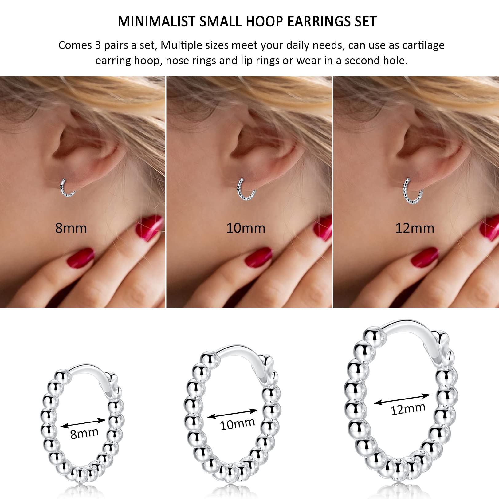 CERSLIMO Silver Hoop Earrings for Women| 3 Pairs Small Sterling Silver Post Beaded Huggie Earrings| Hypoallergenic Tiny Cartilage Sleeper Cuff Jewelry for Men Ladies, 8mm 10mm 12mm