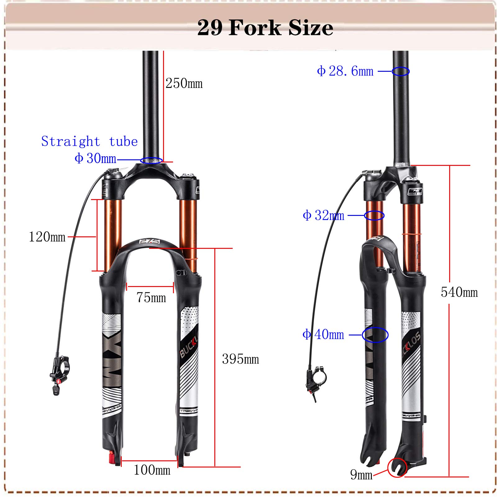 BUCKLOS 26/27.5/29 Travel 120mm MTB Air Suspension Fork, Rebound Adjust 1 1/8 Straight/Tapered Tube QR 9mm Manual/Remote Lockout XC AM Ultralight Mountain Bike Front Forks