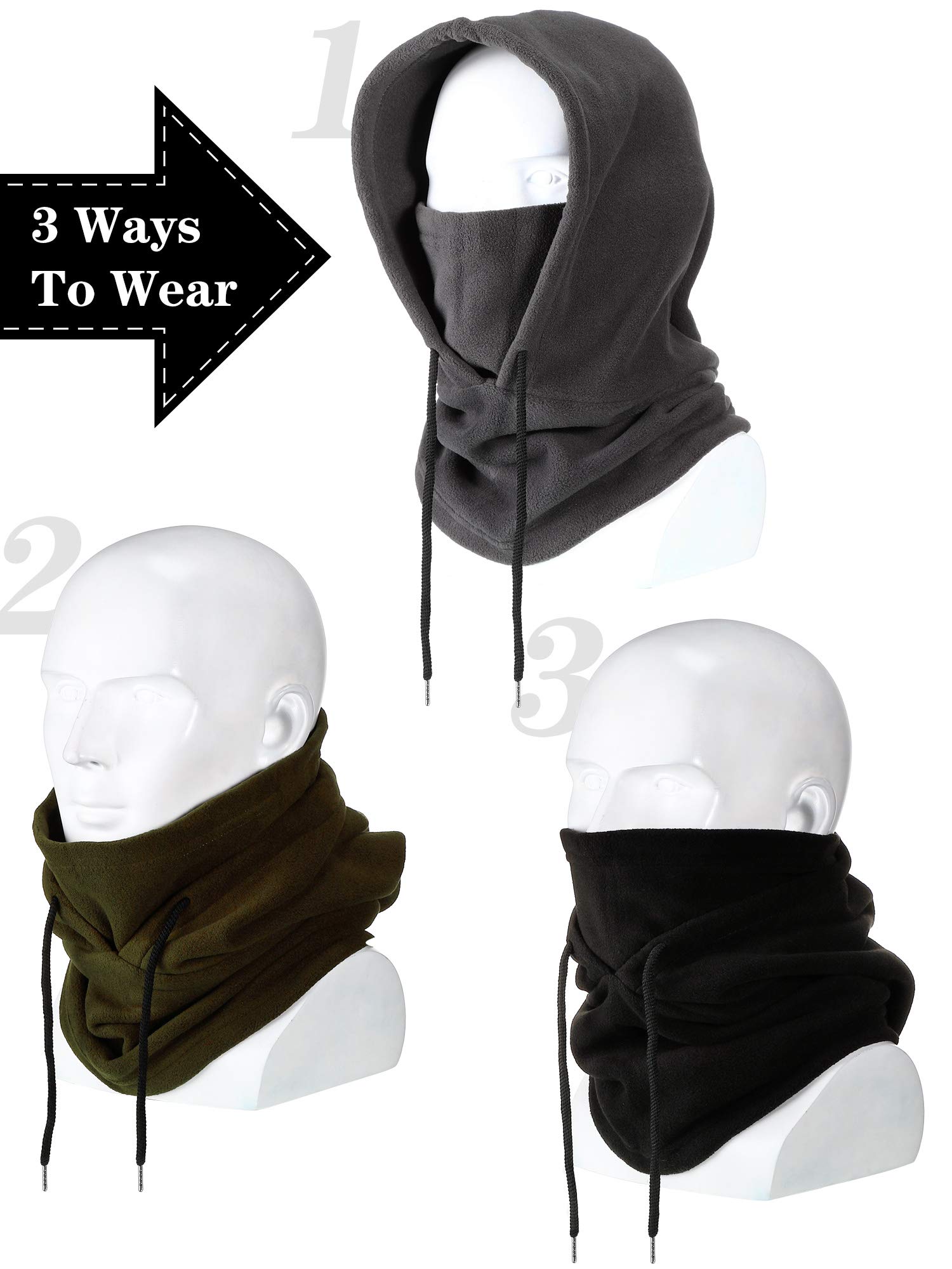 Syhood 3 Pieces Winter Fleece Balaclava Ski Tactical Heavyweight Balaclava (Black, Grey,2 Pieces)