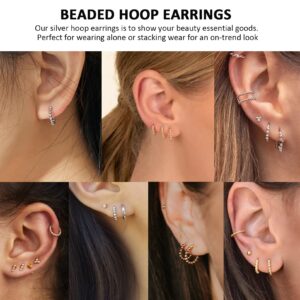 CERSLIMO Silver Hoop Earrings for Women| 3 Pairs Small Sterling Silver Post Beaded Huggie Earrings| Hypoallergenic Tiny Cartilage Sleeper Cuff Jewelry for Men Ladies, 8mm 10mm 12mm