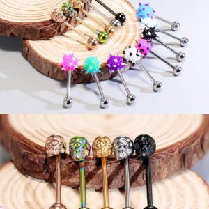 Prjndjw 14G Tongue Rings 13Pcs Surgical Steel Tongue Rings Skull Tongue Rings Koosh Spiky Tongue Rings Silicone Soft Spike Ball Tongue Piercing Jewelry Women Men