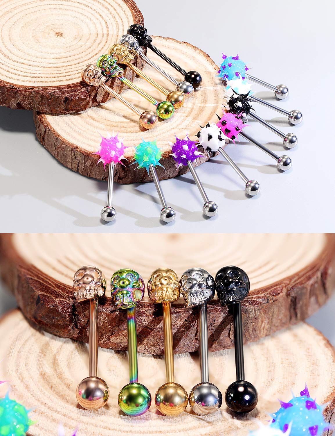 Prjndjw 14G Tongue Rings 13Pcs Surgical Steel Tongue Rings Skull Tongue Rings Koosh Spiky Tongue Rings Silicone Soft Spike Ball Tongue Piercing Jewelry Women Men