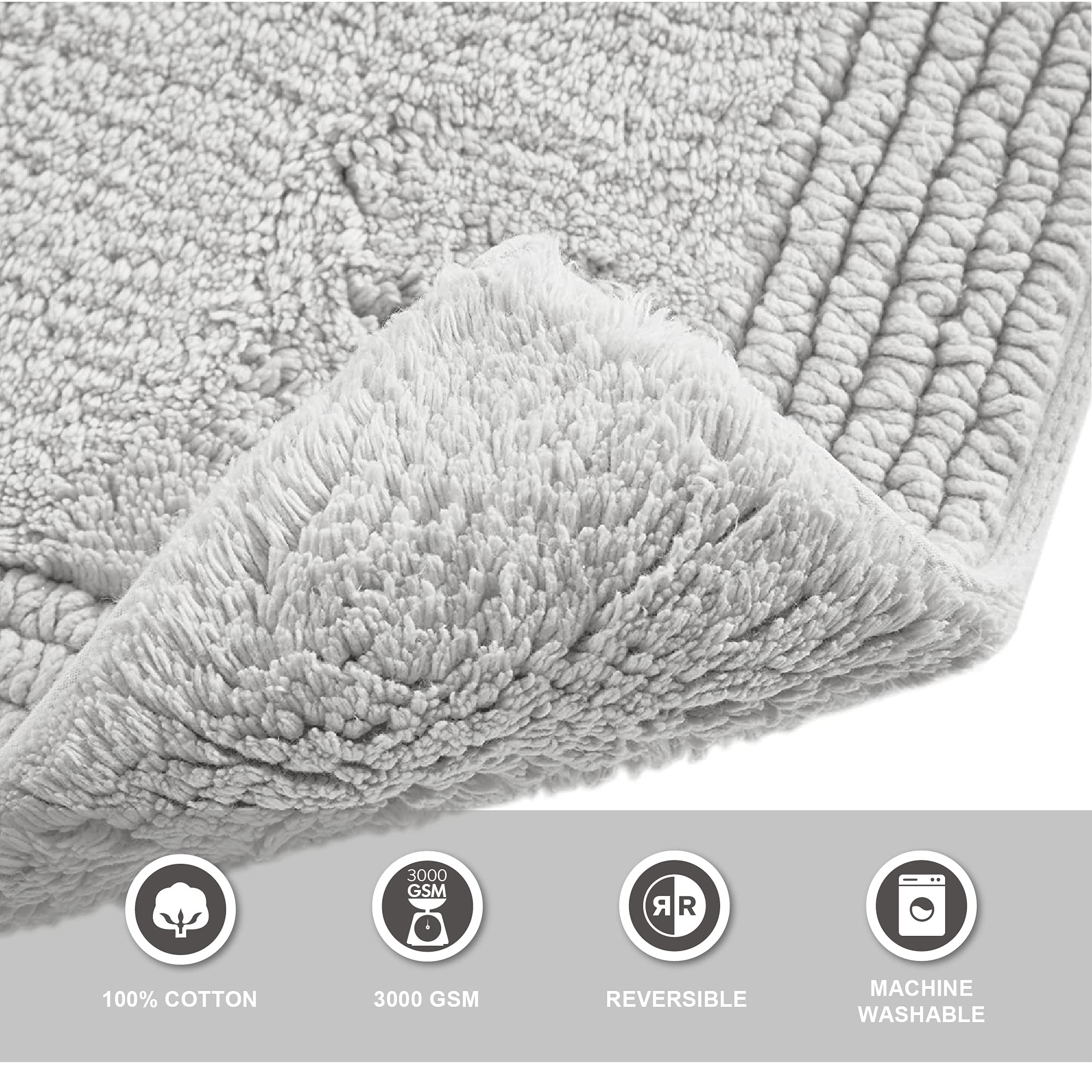 Madison Park Signature Splendor Reversible 100% Cotton Tufted Bathroom Rug-3000 GSM Hotel Quality Luxurious Plush High Pile Bath Mat Absorbent, Quick Dry, Shower Room Décor, 24x72, Grey