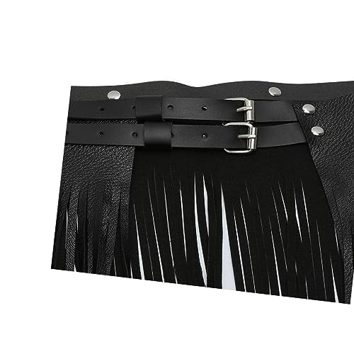 KKmeter Women's Faux Leather Waistband Fringe Tassel Skirt Hippie Boho High Waist Adjustable Double Waist Belt Skirt Clubwear (Black)