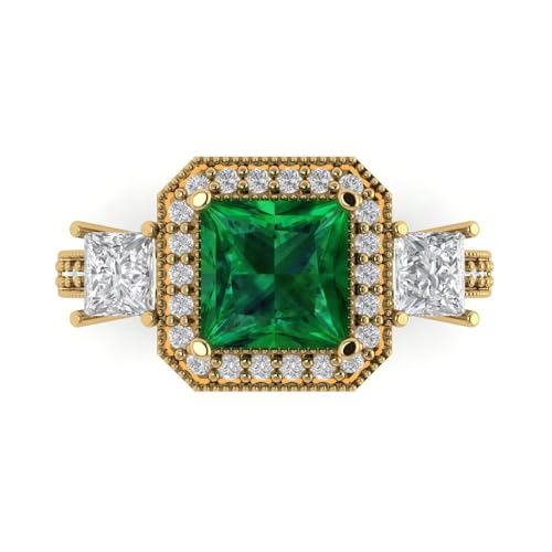 Clara Pucci 2.93 ct Cushion Cut Halo 3 stone Genuine Simulated Emerald Engagement Promise Anniversary Bridal Ring 18K Yellow Gold 3.5