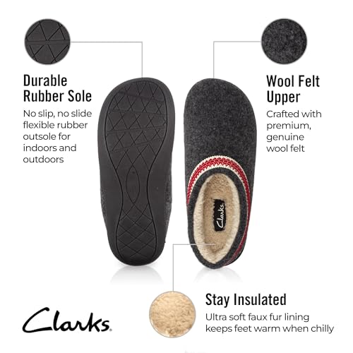 Clarks Womens Wool Felt Clog Slippers Warm Cozy Indoor Outdoor Faux Plush Soft Fur Lined Slipper for Women (Charcoal, 7 M US)