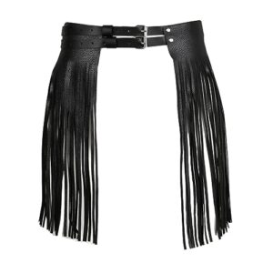 kkmeter women's faux leather waistband fringe tassel skirt hippie boho high waist adjustable double waist belt skirt clubwear (black)