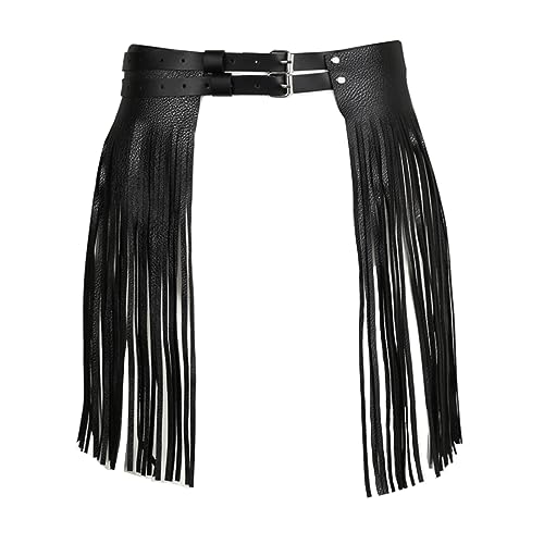 KKmeter Women's Faux Leather Waistband Fringe Tassel Skirt Hippie Boho High Waist Adjustable Double Waist Belt Skirt Clubwear (Black)