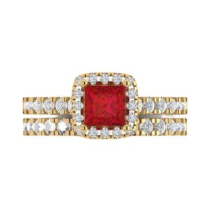 clara pucci 1.7 ct princess cut halo solitaire simulated ruby designer art deco statement wedding ring band set 18k yellow gold 3.5