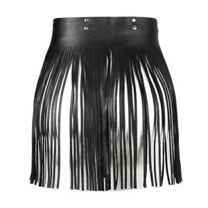 KKmeter Women's Faux Leather Waistband Fringe Tassel Skirt Hippie Boho High Waist Adjustable Double Waist Belt Skirt Clubwear (Black)