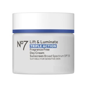 no7 lift & luminate triple action fragrance free day cream spf 30 - broad spectrum anti-aging face cream - hydrating hibiscus peptides & hyaluronic acid + brightening emblica & vitamin c (1.69 fl oz)