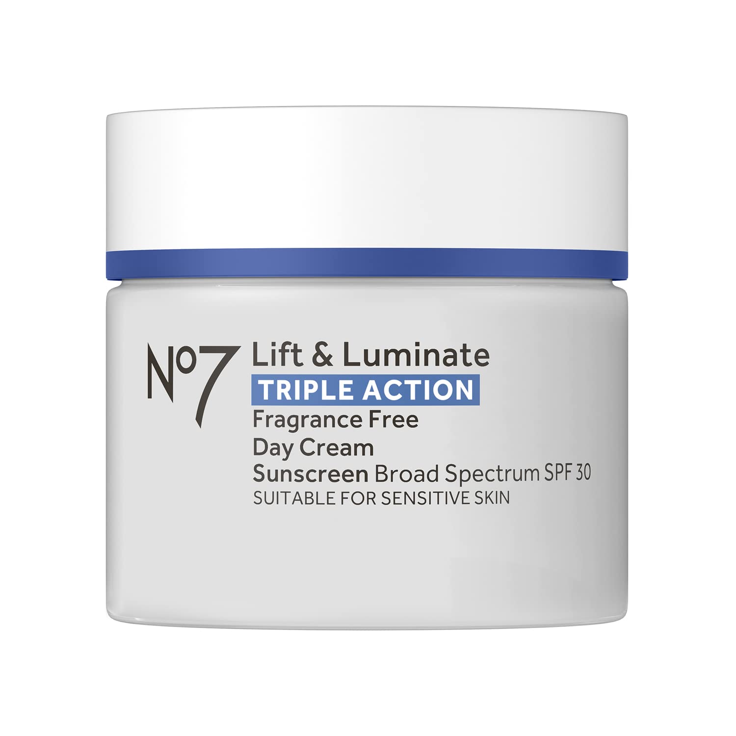 No7 Lift & Luminate Triple Action Fragrance Free Day Cream SPF 30 - Broad Spectrum Anti-Aging Face Cream - Hydrating Hibiscus Peptides & Hyaluronic Acid + Brightening Emblica & Vitamin C (1.69 Fl Oz)